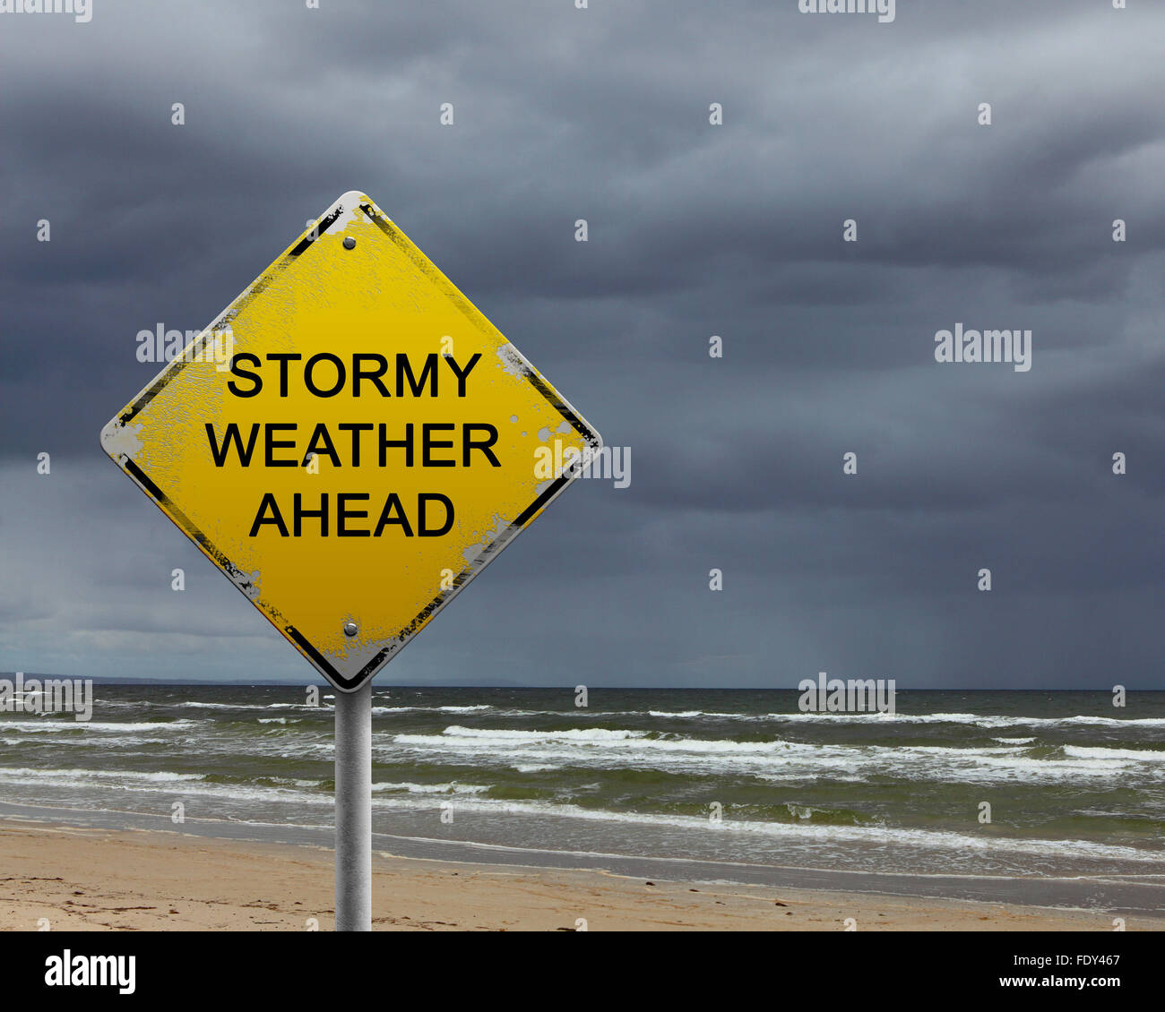 yellow warning sign of bad weather ahead against stormy sky Stock Photo ...
