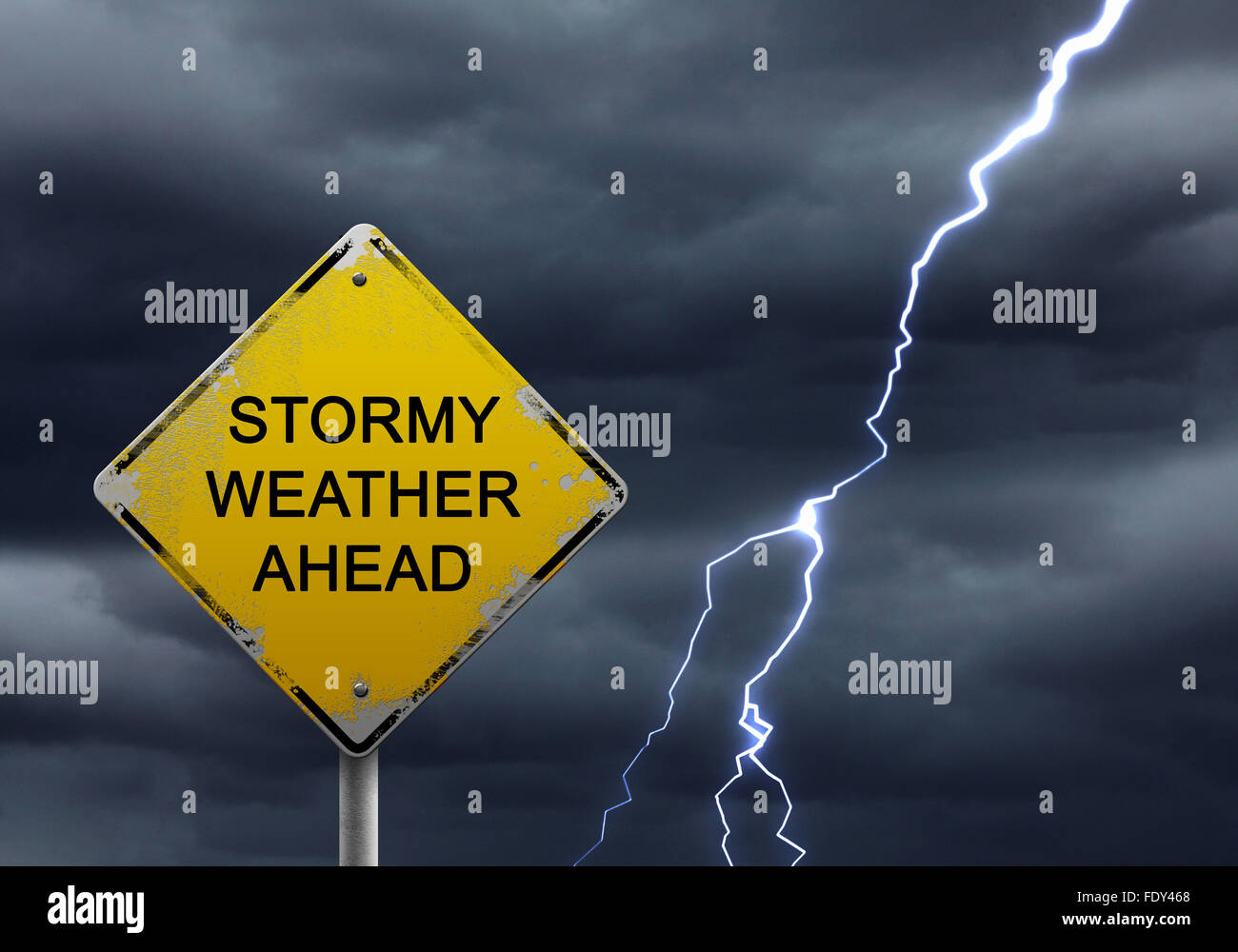 yellow warning sign of bad weather ahead against stormy sky Stock Photo ...