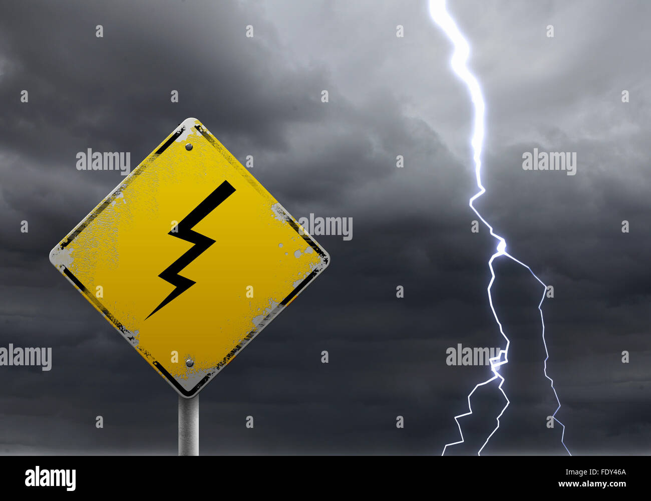 yellow warning sign of bad weather ahead against stormy sky Stock Photo ...