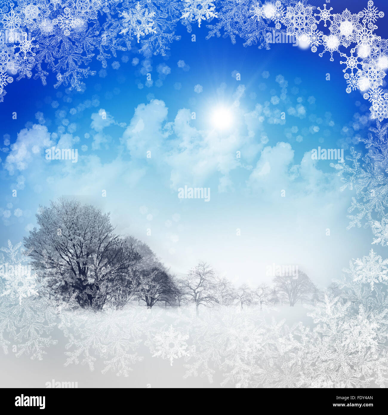 Abstract background with blue skies and sunshine. Christmas in the ...