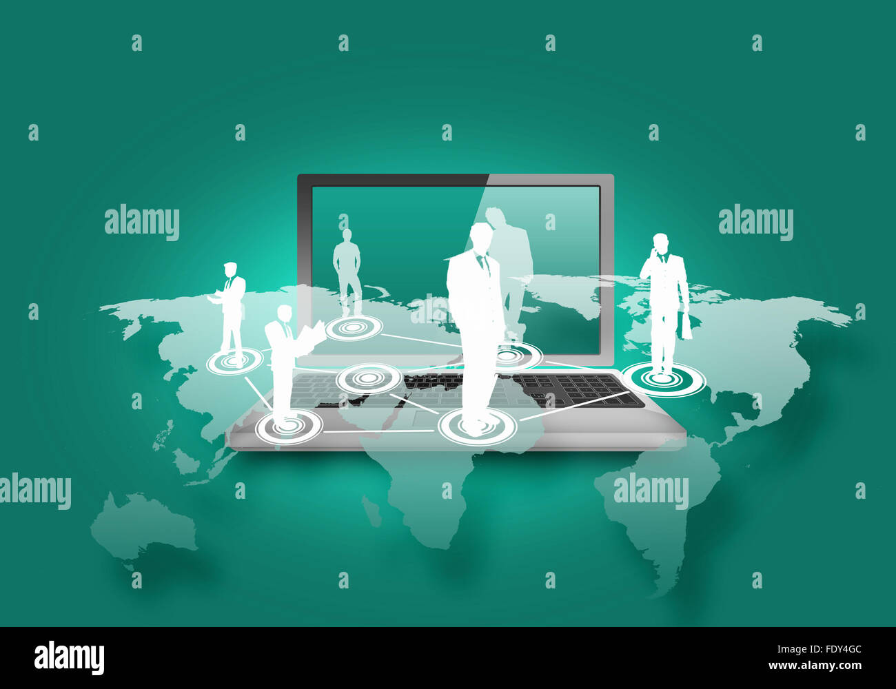 Image of laptop computer with symbols of network and communication ...