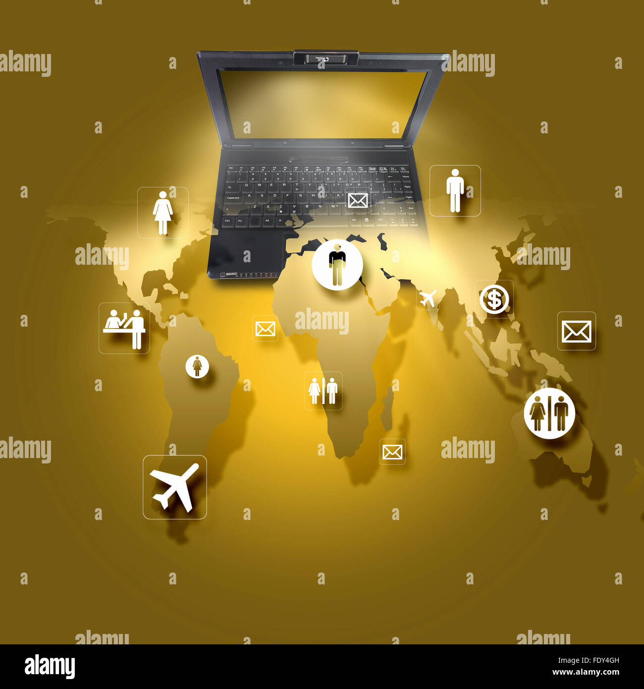 Image of laptop computer with symbols of network and communication ...