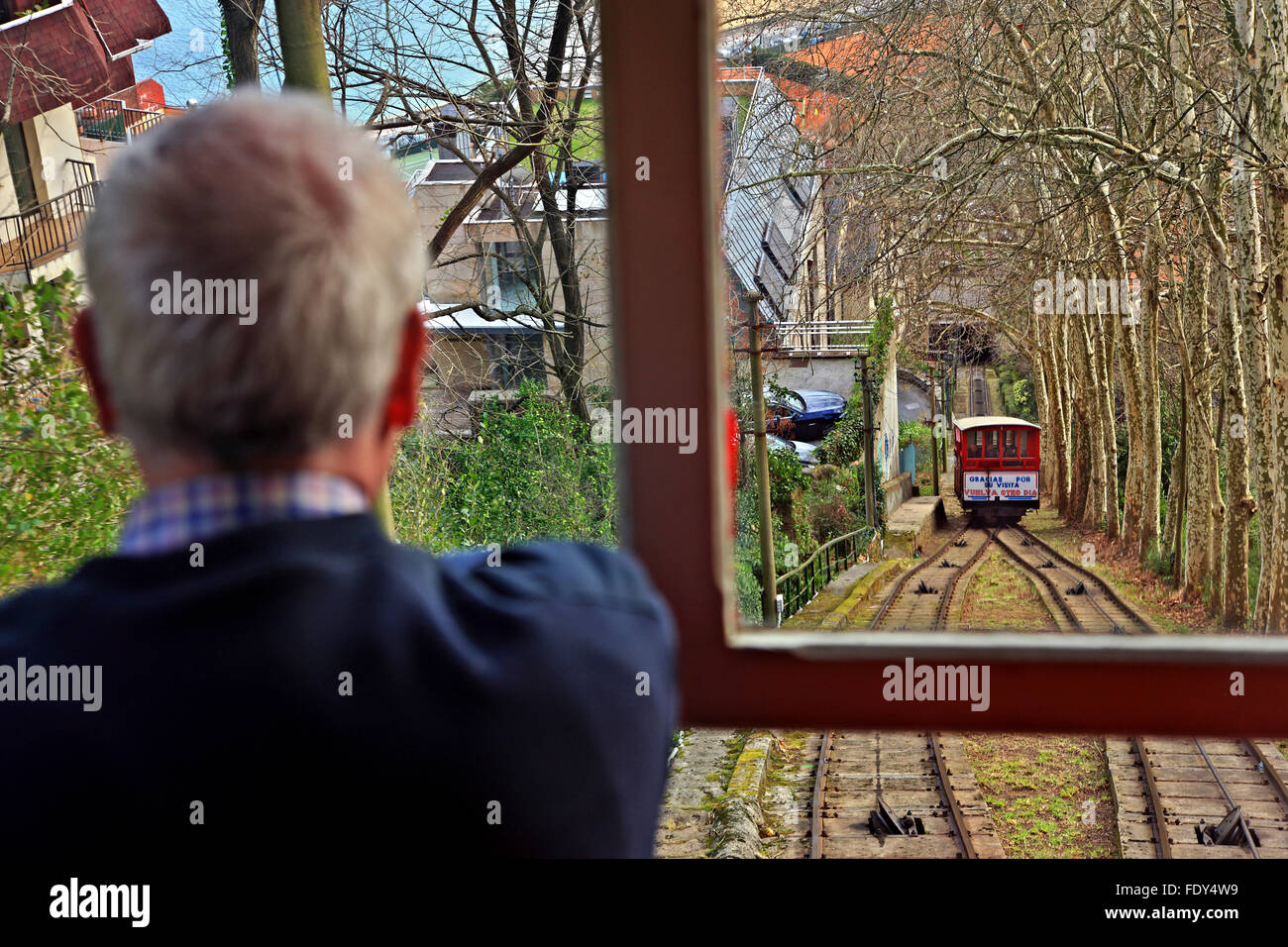 Inside the old fashioned funicular of Monte Igueldo, San Sebastian ...