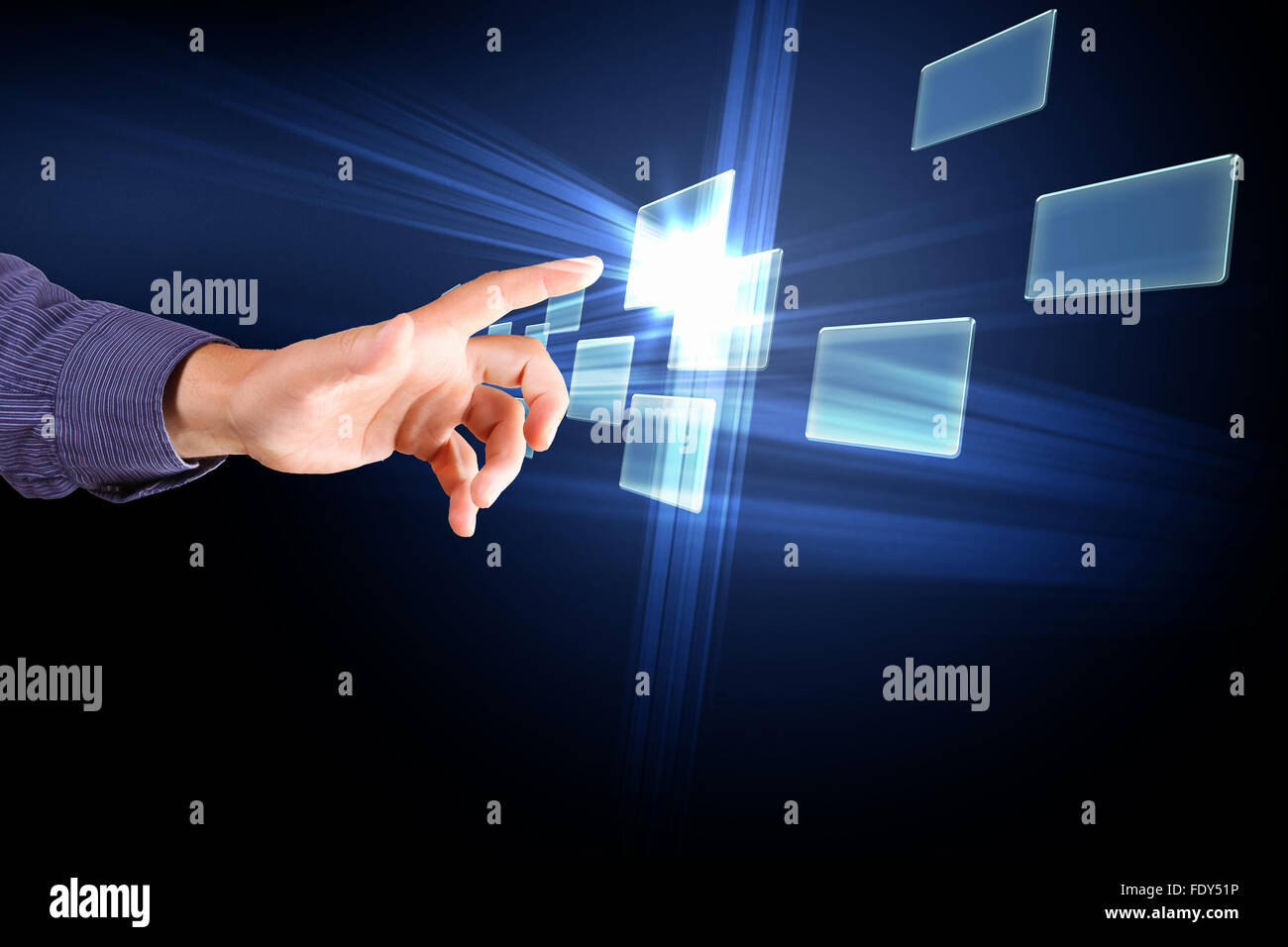 Multimedia digital virtual screen and human hand touching it Stock ...