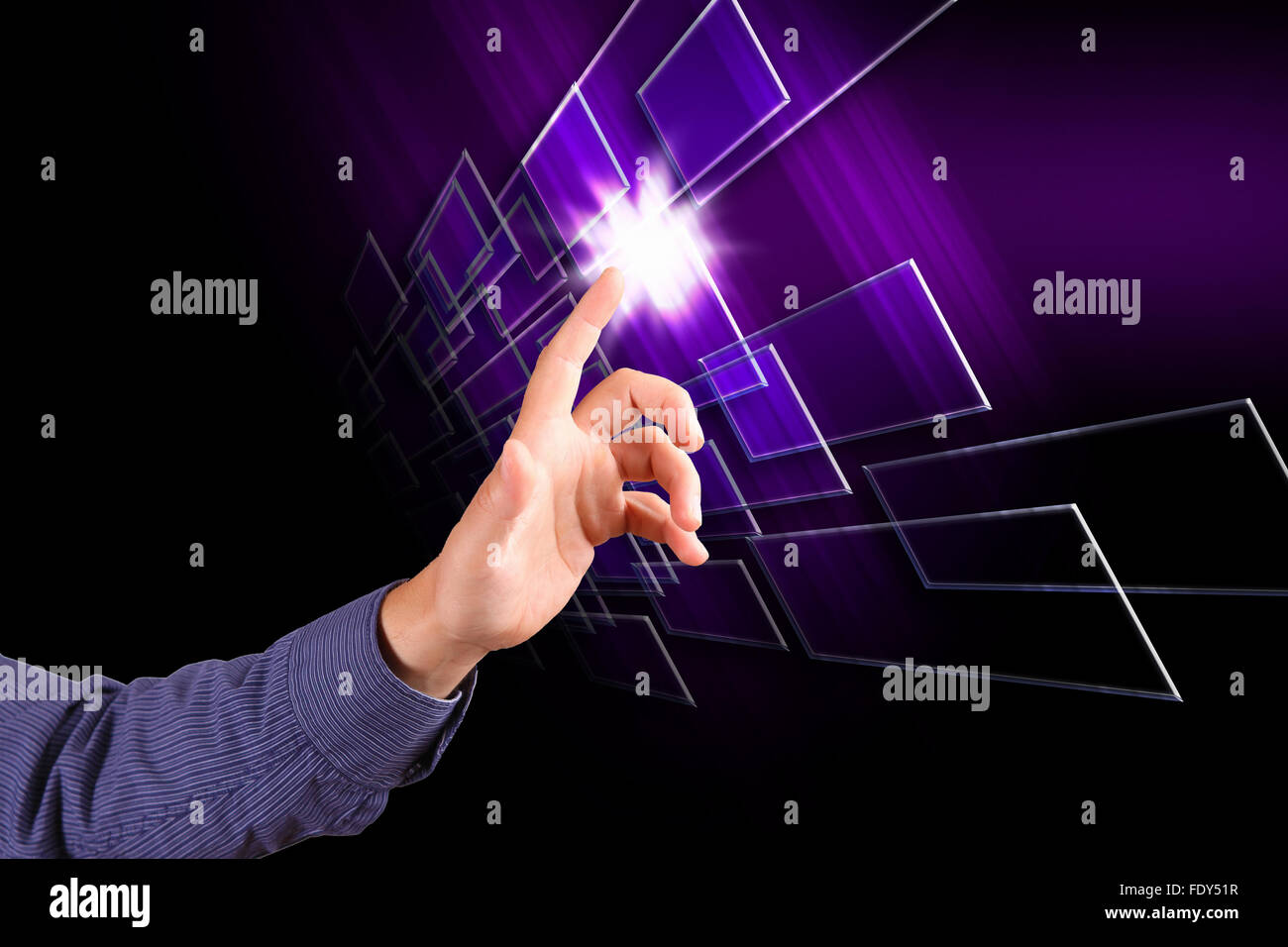 Multimedia digital virtual screen and human hand touching it Stock ...