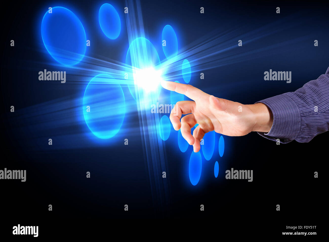 Multimedia digital virtual screen and human hand touching it Stock ...