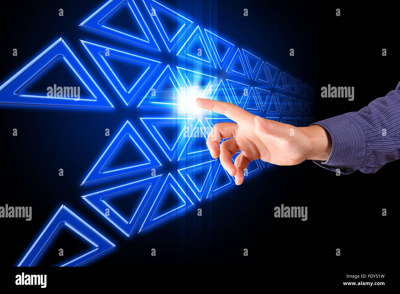Multimedia digital virtual screen and human hand touching it Stock ...