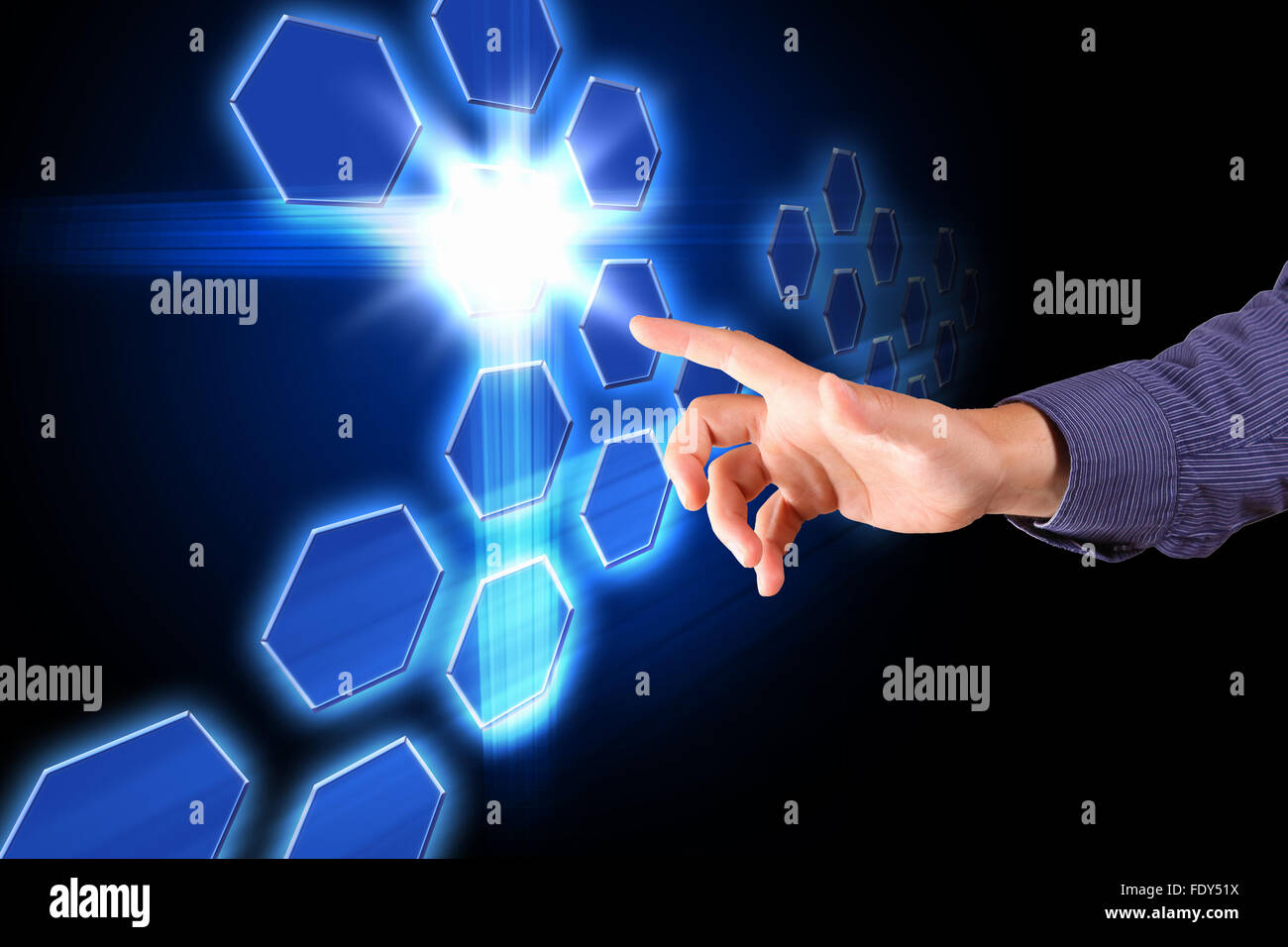 Multimedia digital virtual screen and human hand touching it Stock ...