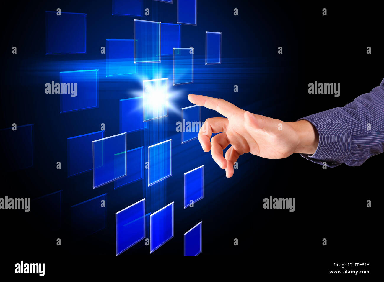 Multimedia digital virtual screen and human hand touching it Stock ...