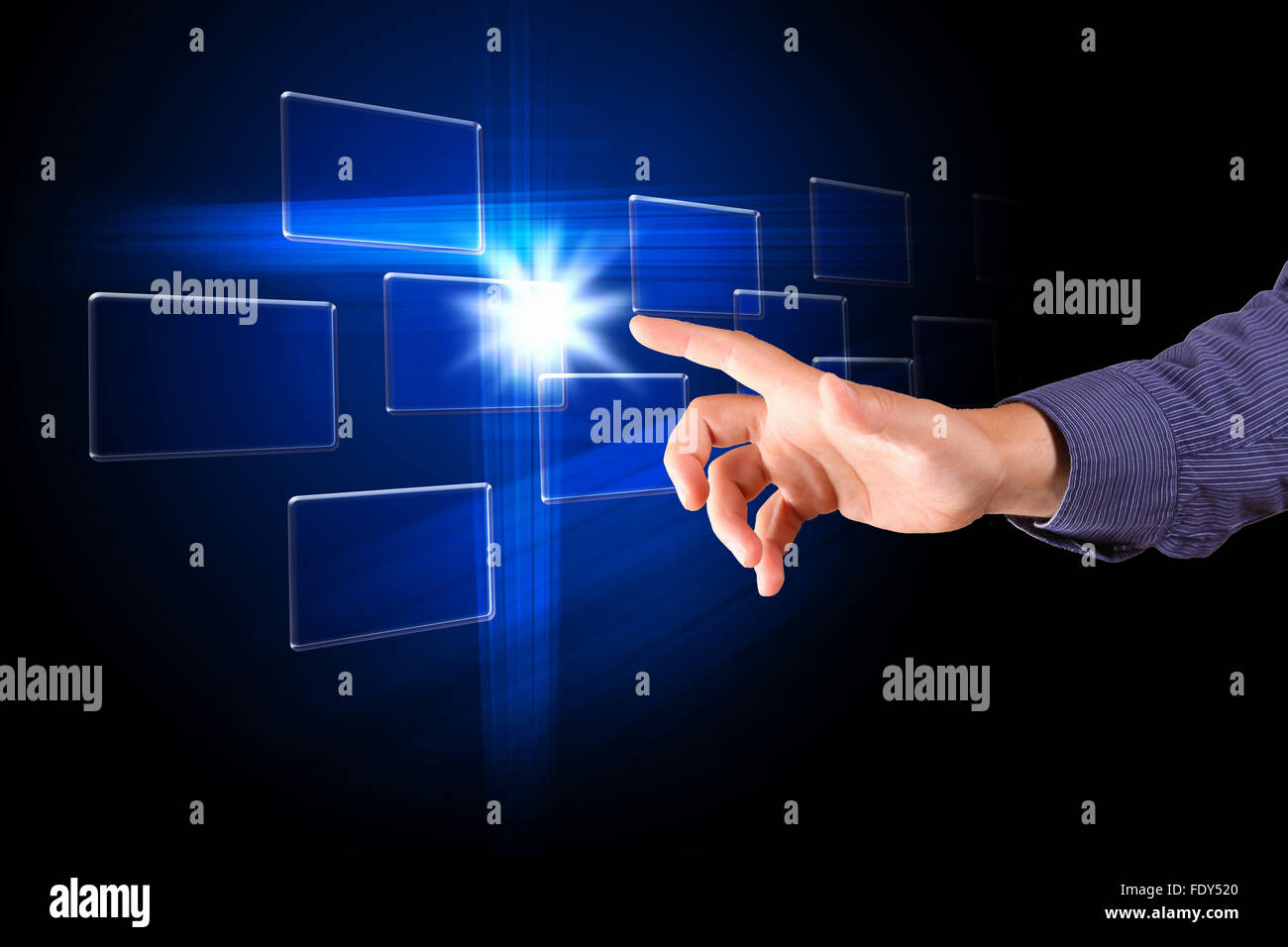 Multimedia digital virtual screen and human hand touching it Stock ...