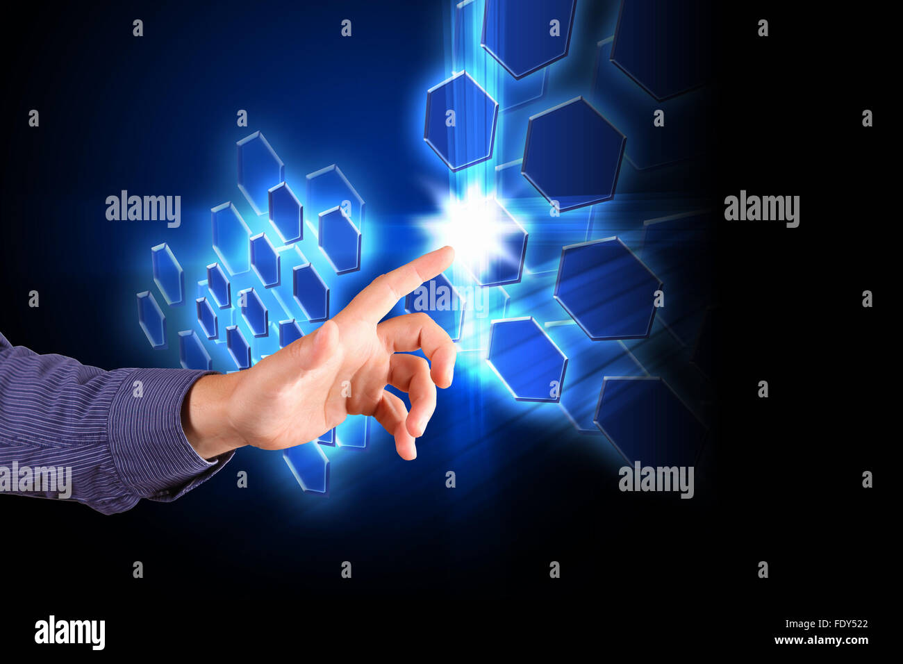 Multimedia digital virtual screen and human hand touching it Stock ...