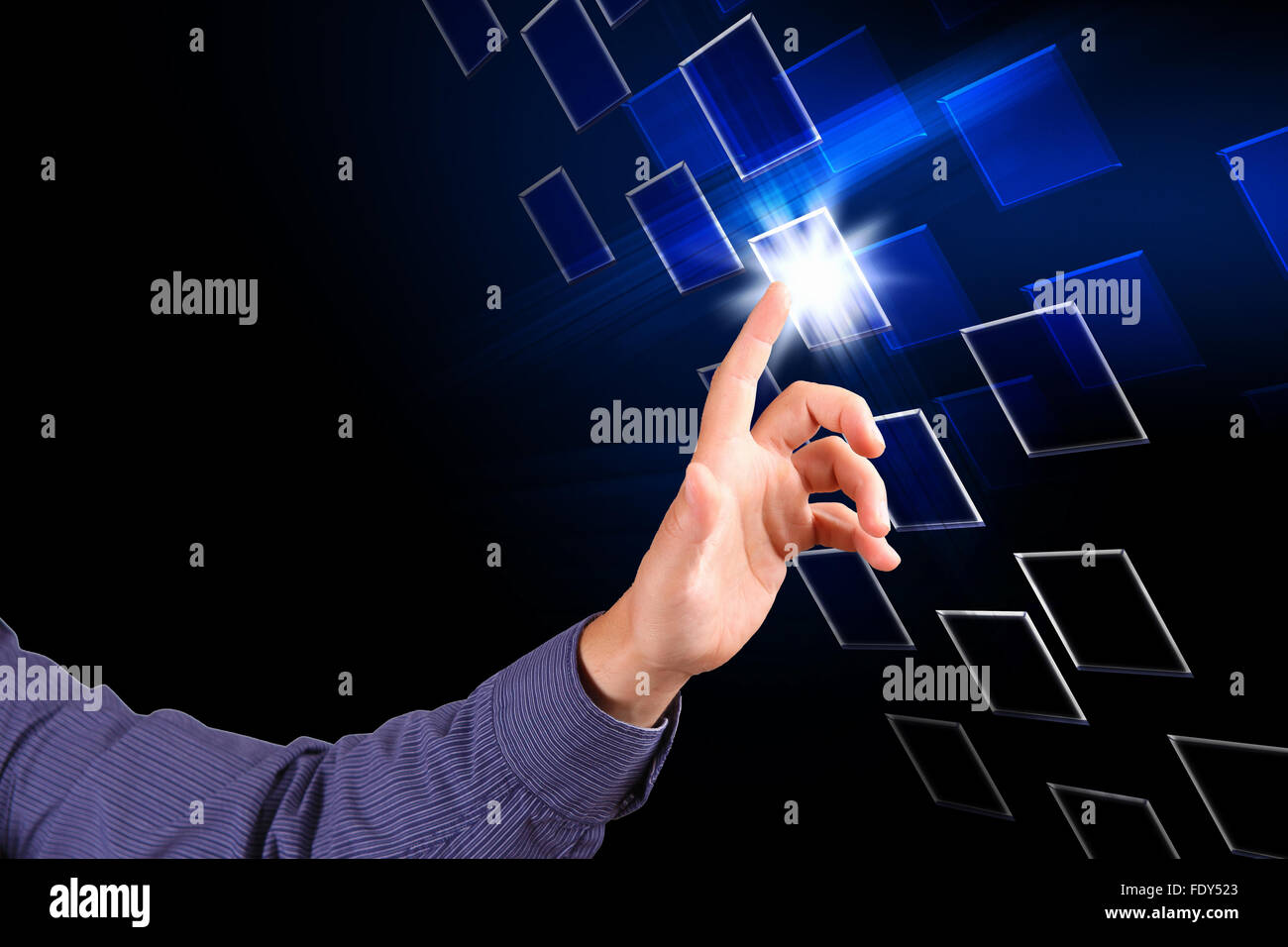 Multimedia digital virtual screen and human hand touching it Stock ...