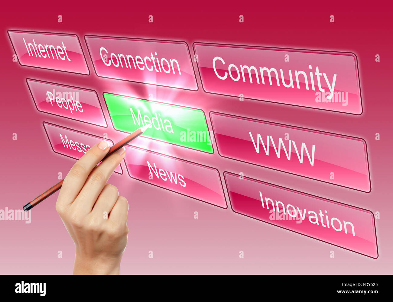 hand pushing a button with word media Stock Photo - Alamy