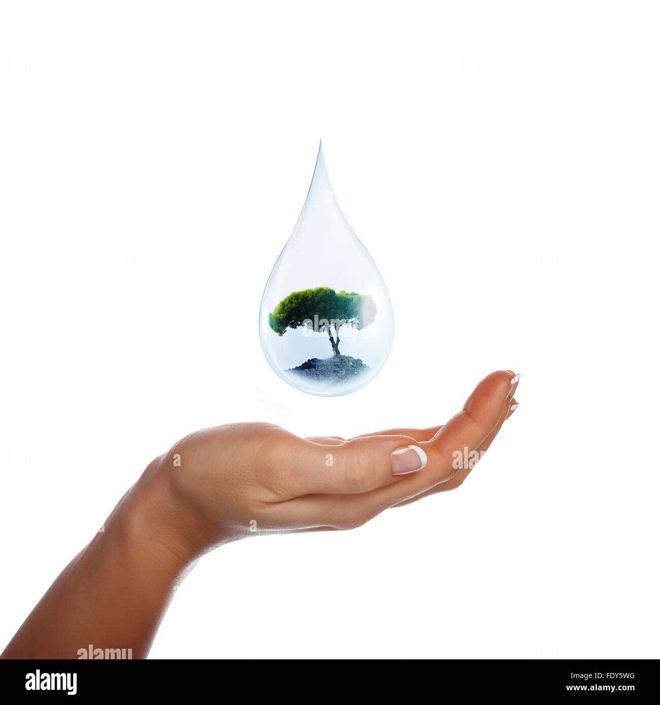 A large drop of water with tree inside and hands to support it. The ...