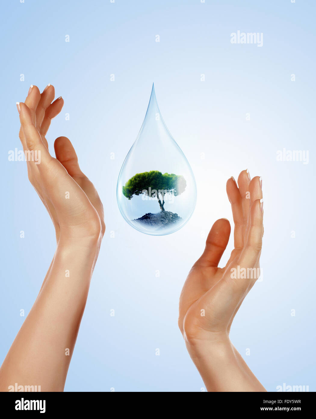 A large drop of water with tree inside and hands to support it. The ...