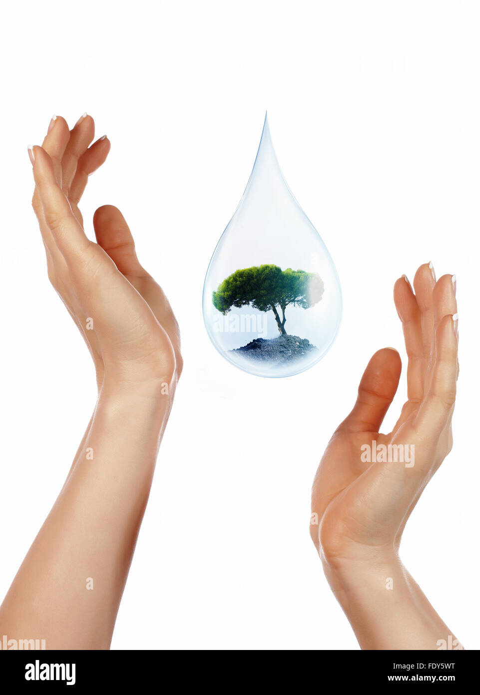 A large drop of water with tree inside and hands to support it. The ...
