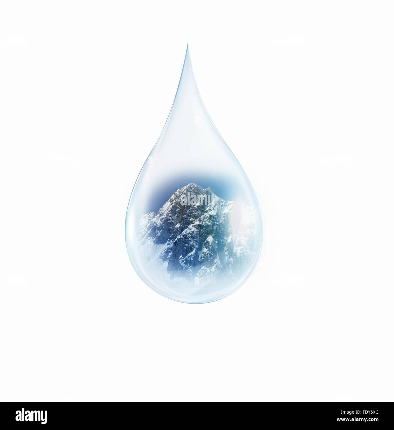 A large drop of water with mountain inside on a white background. As a ...