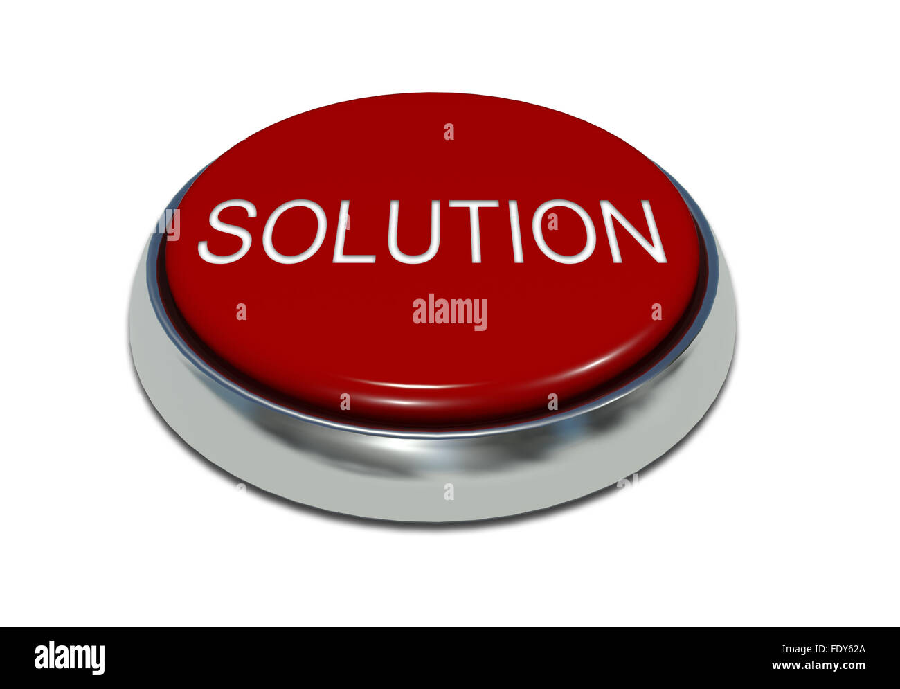 Red button with a metal edging and an inscription Stock Photo - Alamy