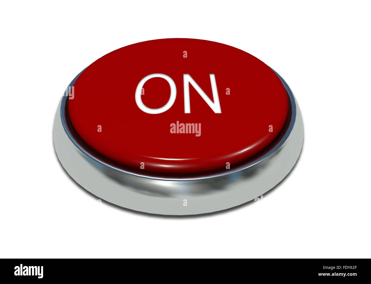 Red button with a metal edging and an inscription Stock Photo - Alamy