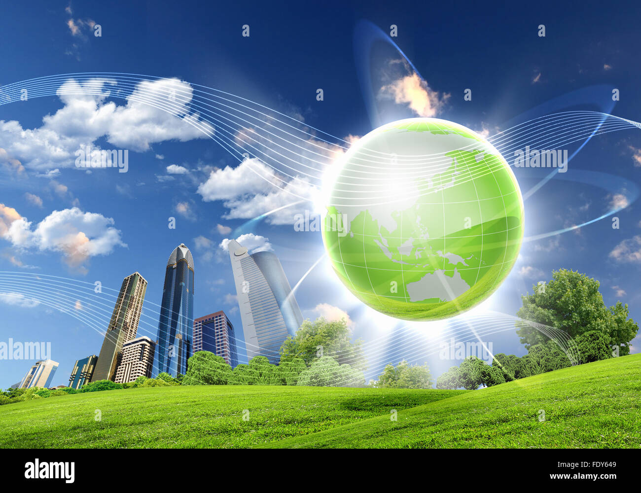 collage of green nature landscape with planet Earth above it Stock ...