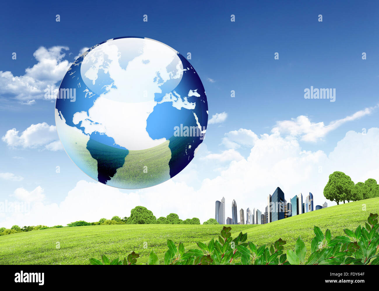 collage of green nature landscape with planet Earth above it Stock ...