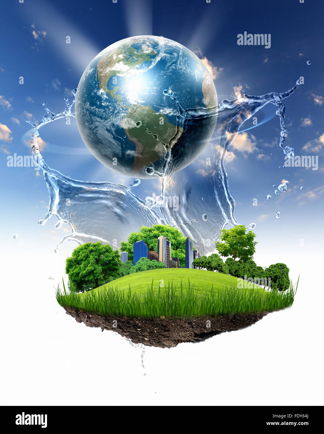 collage of green nature landscape with planet Earth above it Stock ...