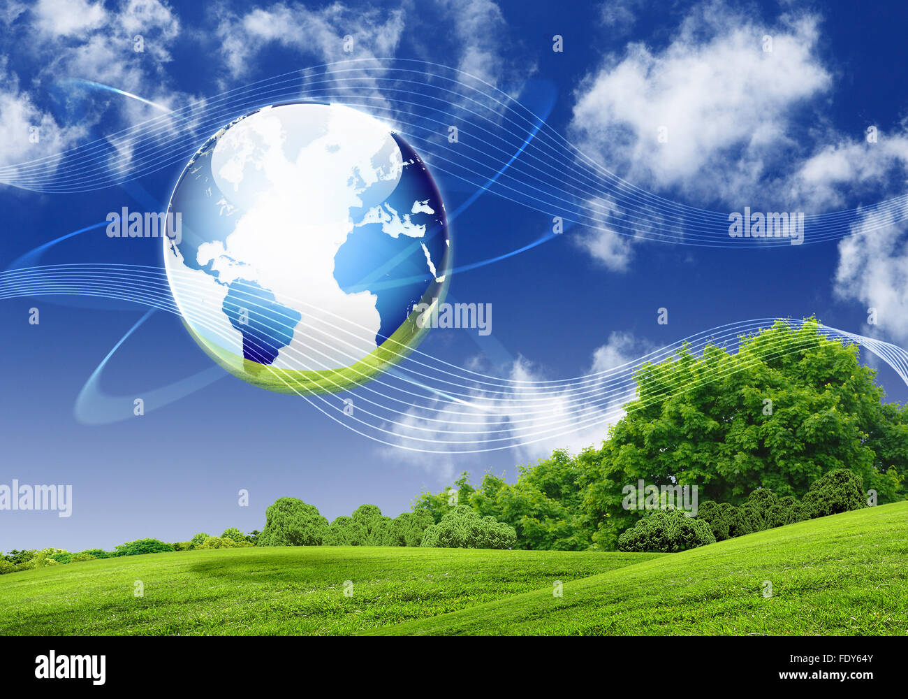 collage of green nature landscape with planet Earth above it Stock ...