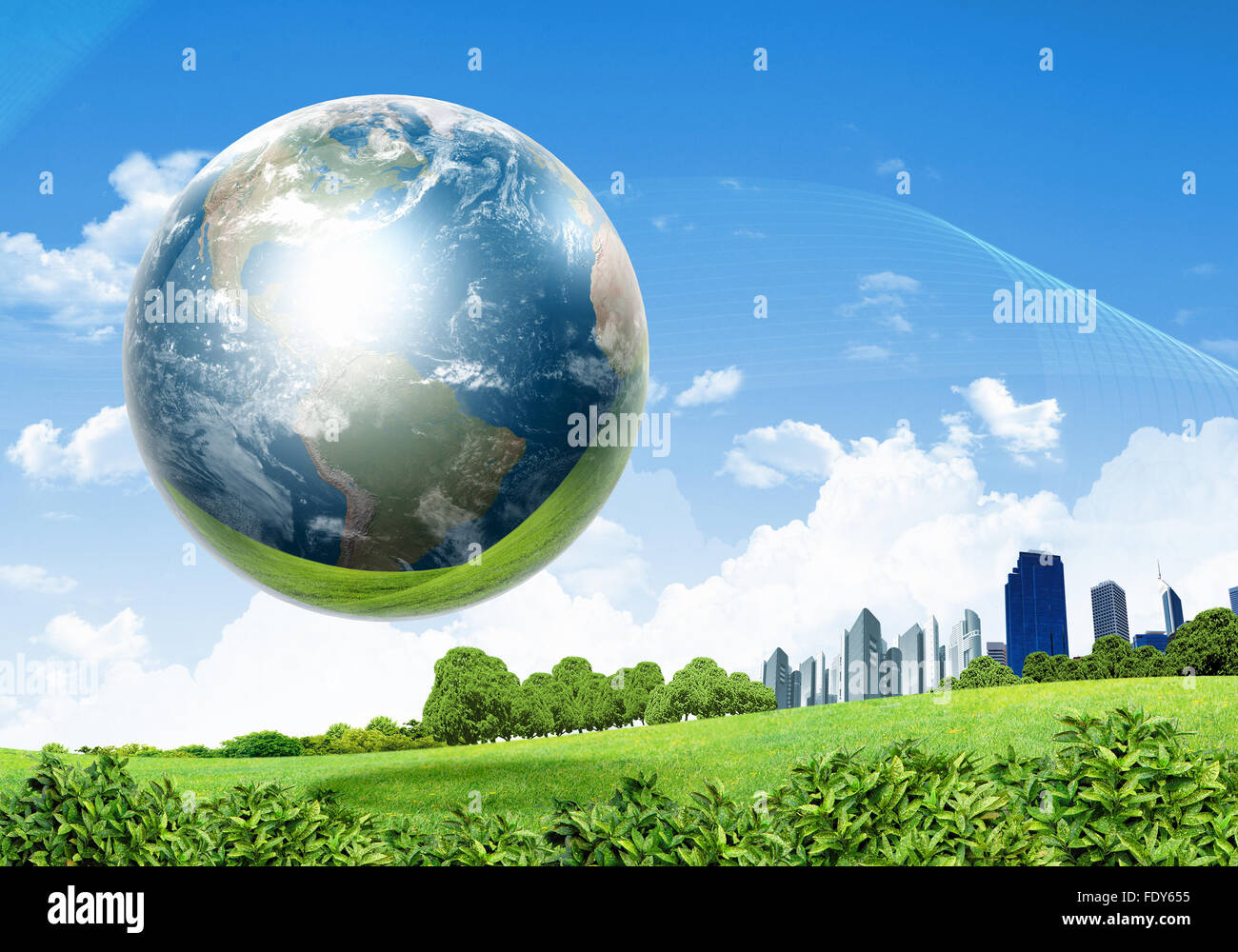 collage of green nature landscape with planet Earth above it Stock ...