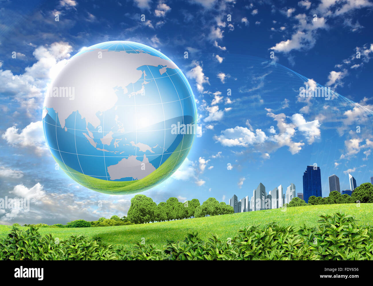collage of green nature landscape with planet Earth above it Stock ...
