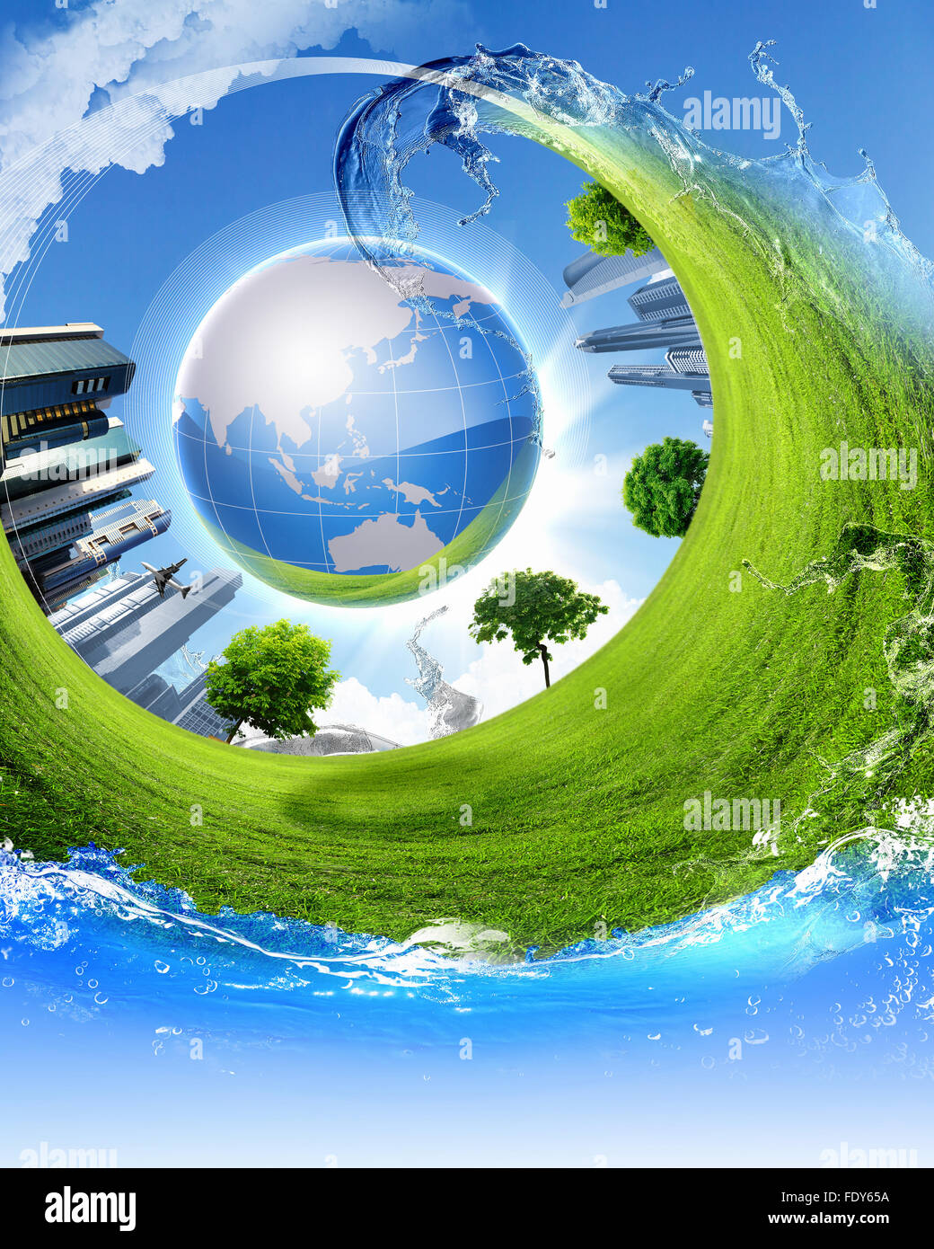 collage of green nature landscape with planet Earth above it Stock ...