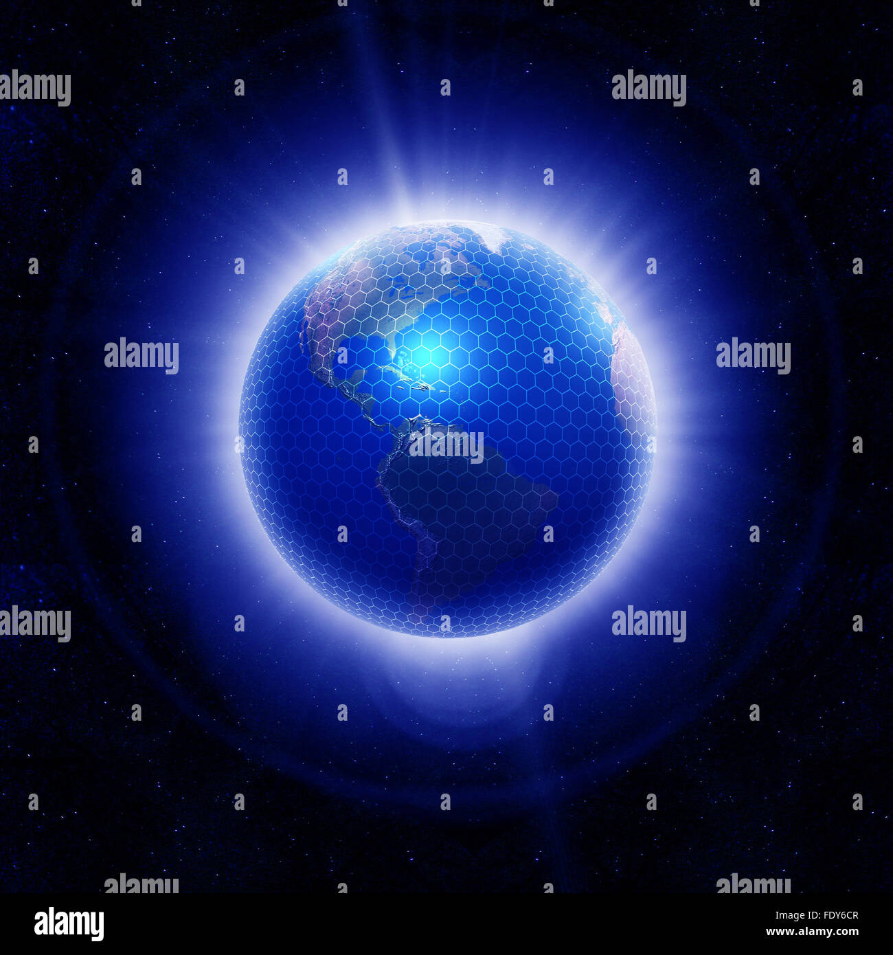 Illustration. Earth on a background of space with blue lines and lights ...