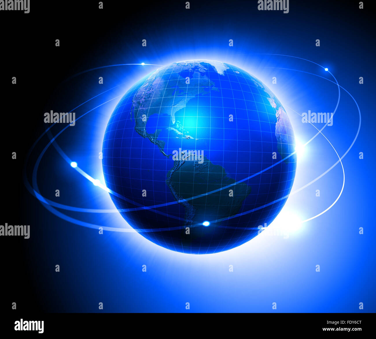 Illustration. Earth on a background of space with blue lines and lights ...
