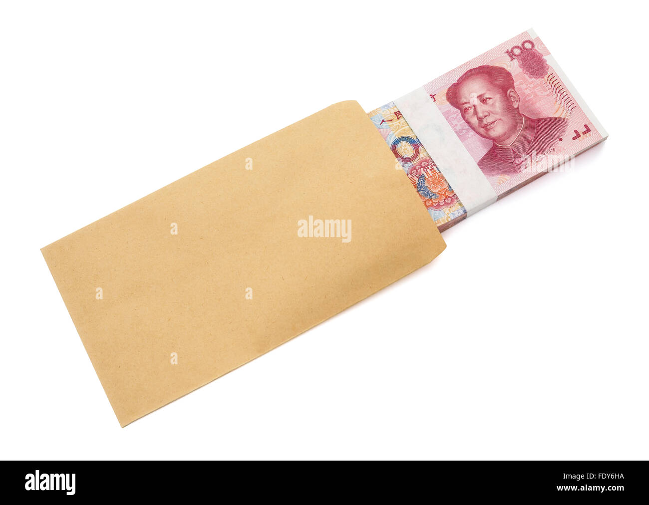 stack of RMB paper currency half in an envelope with clipping path ...