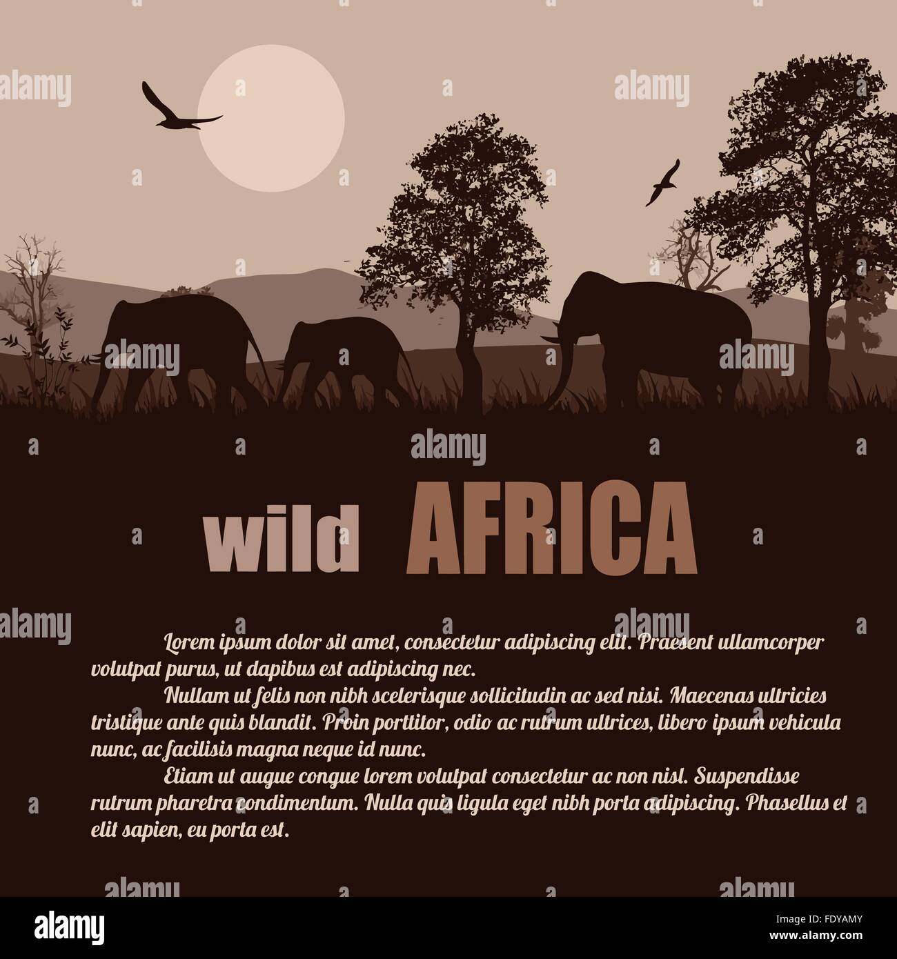 African Safari poster. Wild animals silhouettes on sunset with space ...