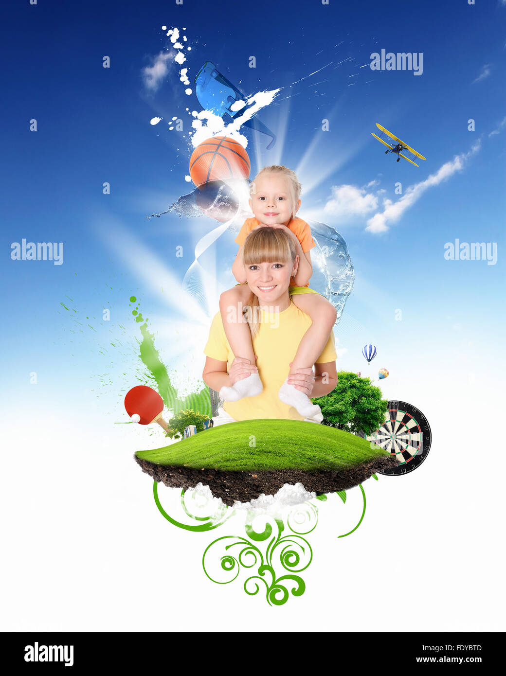 Collage with children and parents on green grass and under blue sky ...