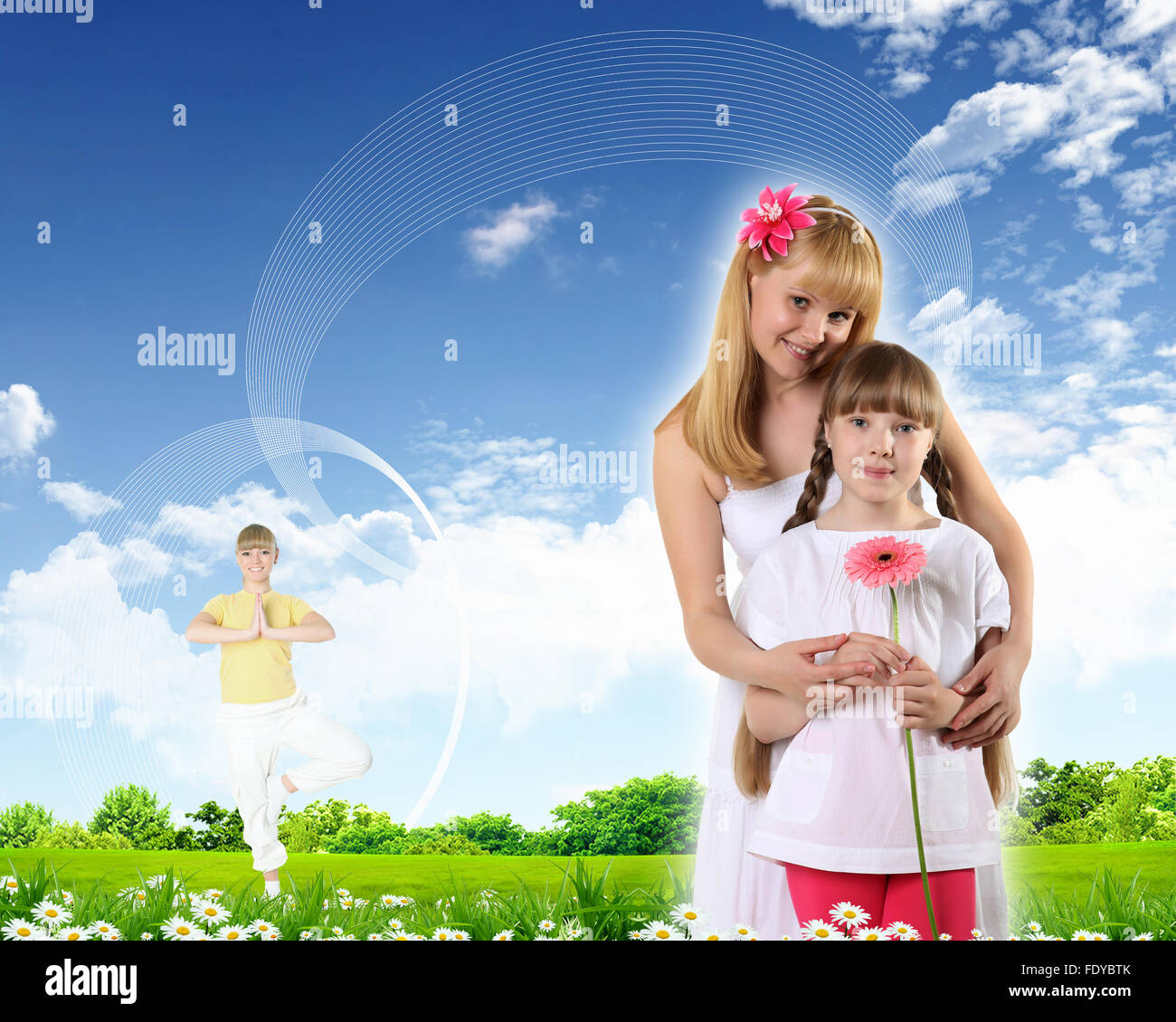 Collage with children and parents on green grass and under blue sky ...