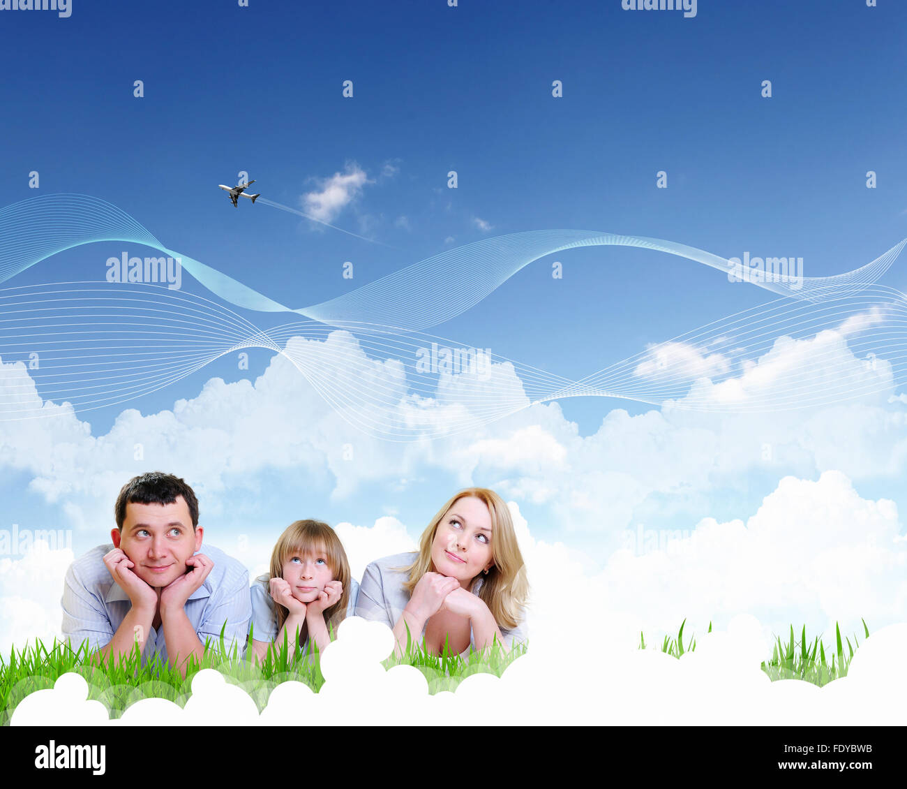 Collage with children and parents on green grass and under blue sky ...