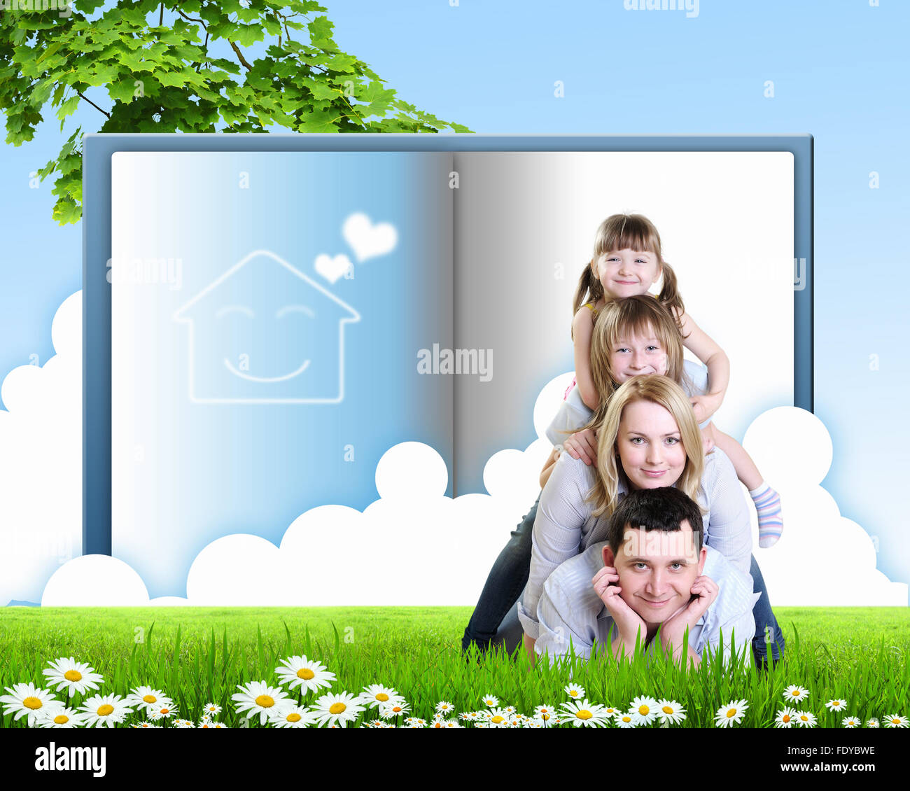 Collage with children and parents on green grass and under blue sky ...