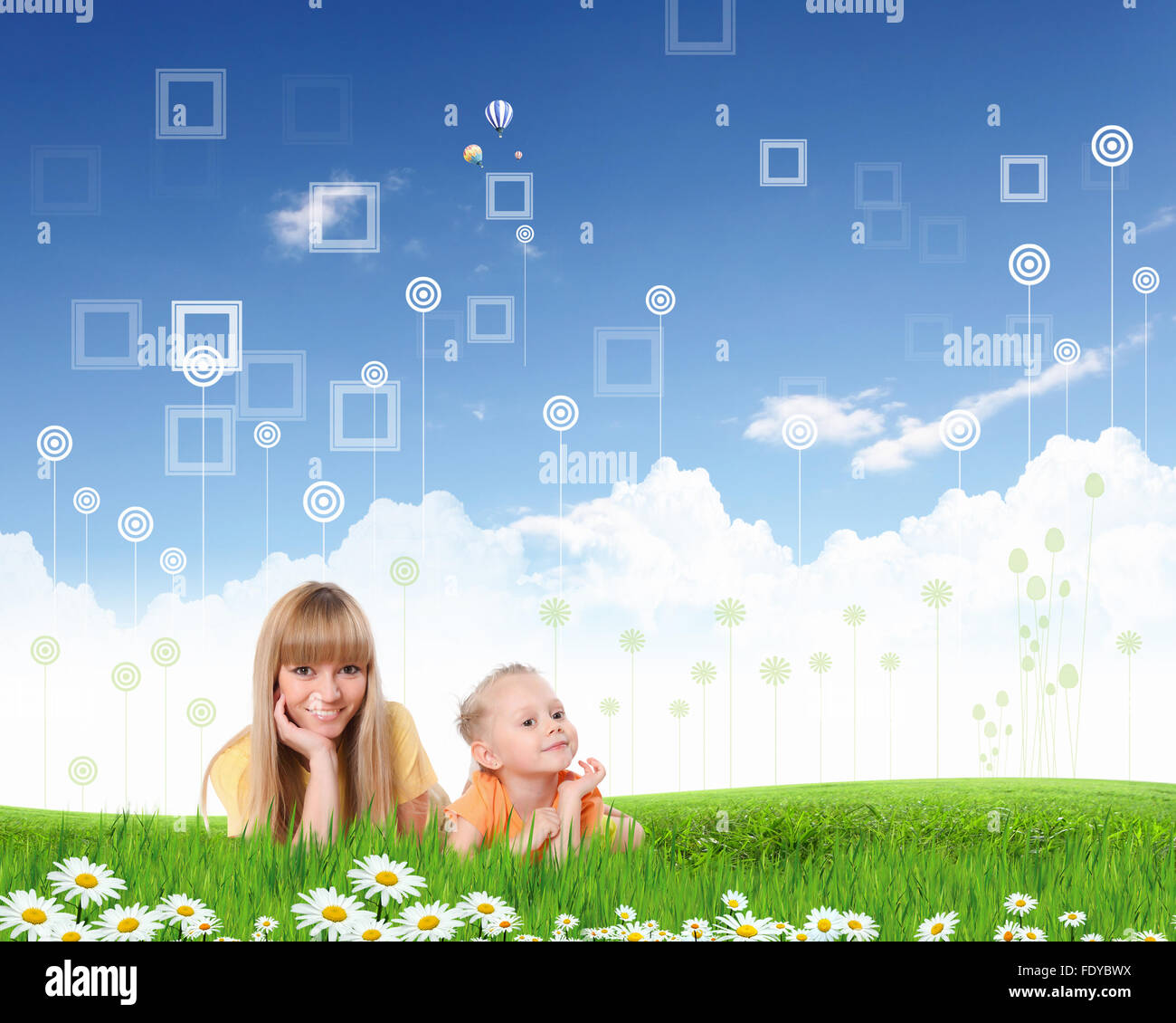 Collage with children and parents on green grass and under blue sky ...