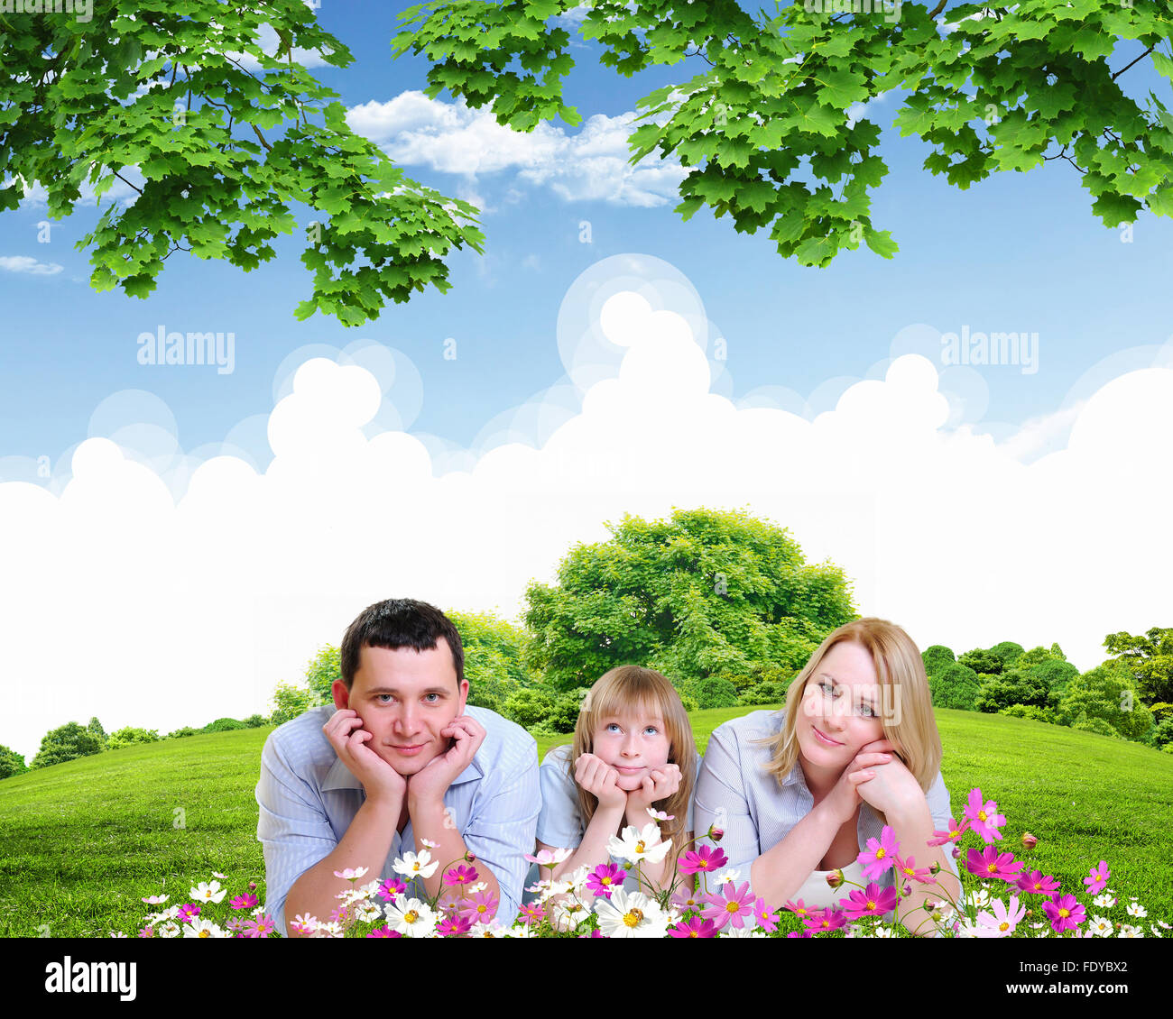 Collage with children and parents on green grass and under blue sky ...