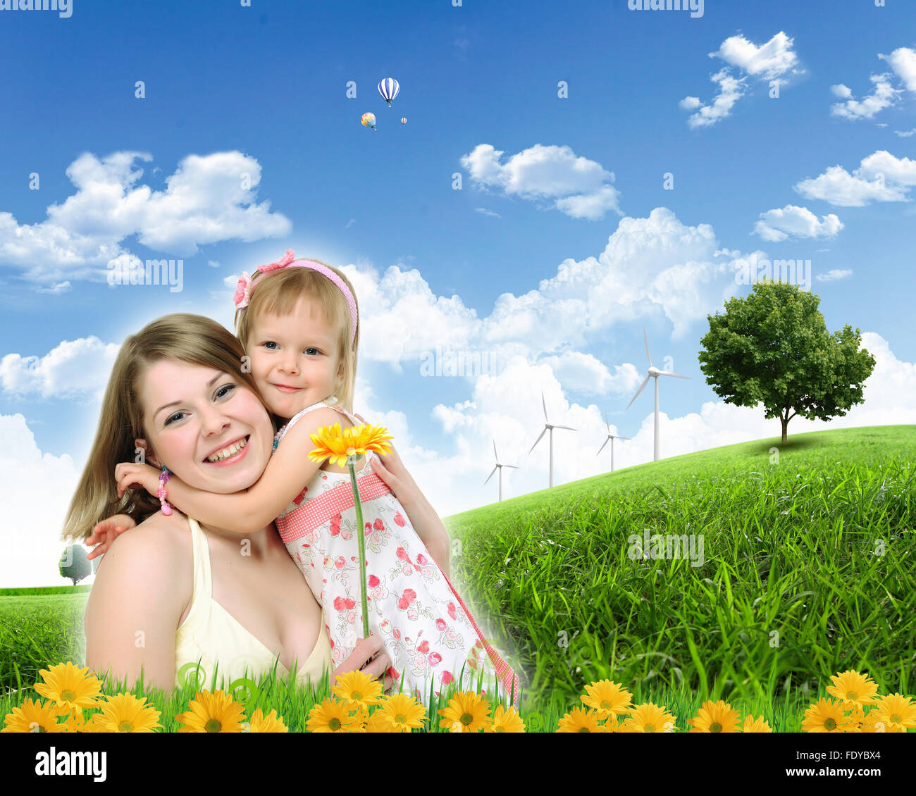 Collage with children and parents on green grass and under blue sky ...