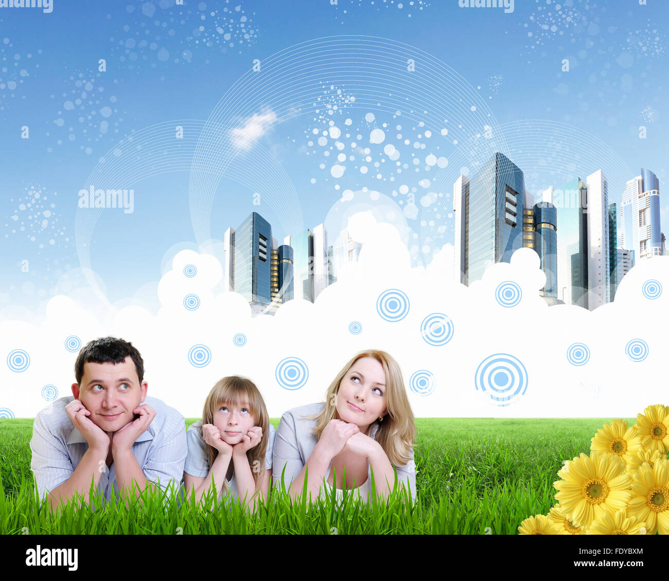 Collage with children and parents on green grass and under blue sky ...