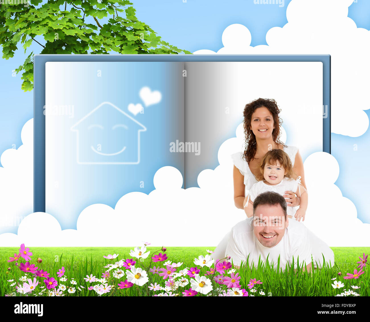 Collage with children and parents on green grass and under blue sky ...