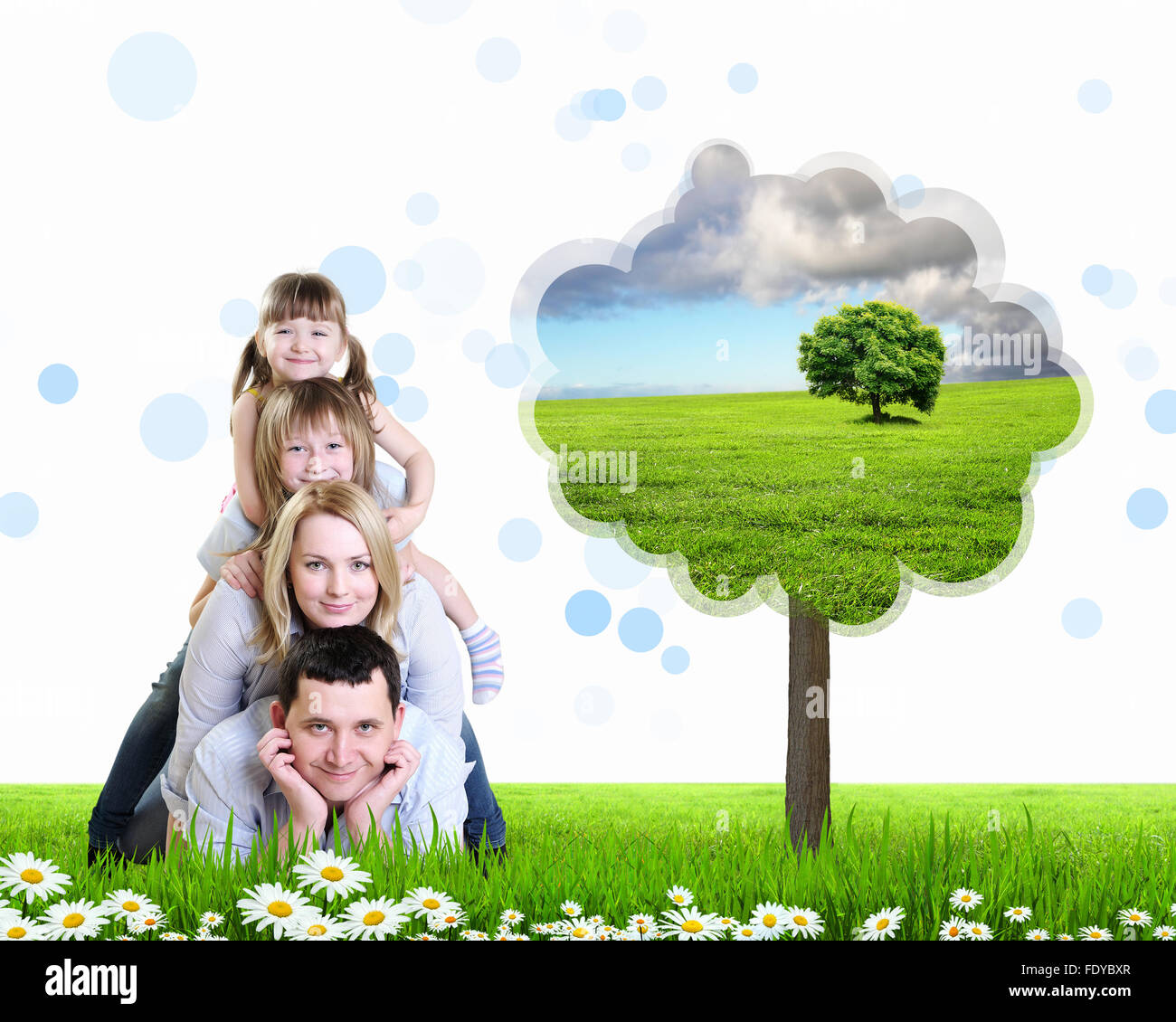 Collage with children and parents on green grass and under blue sky ...