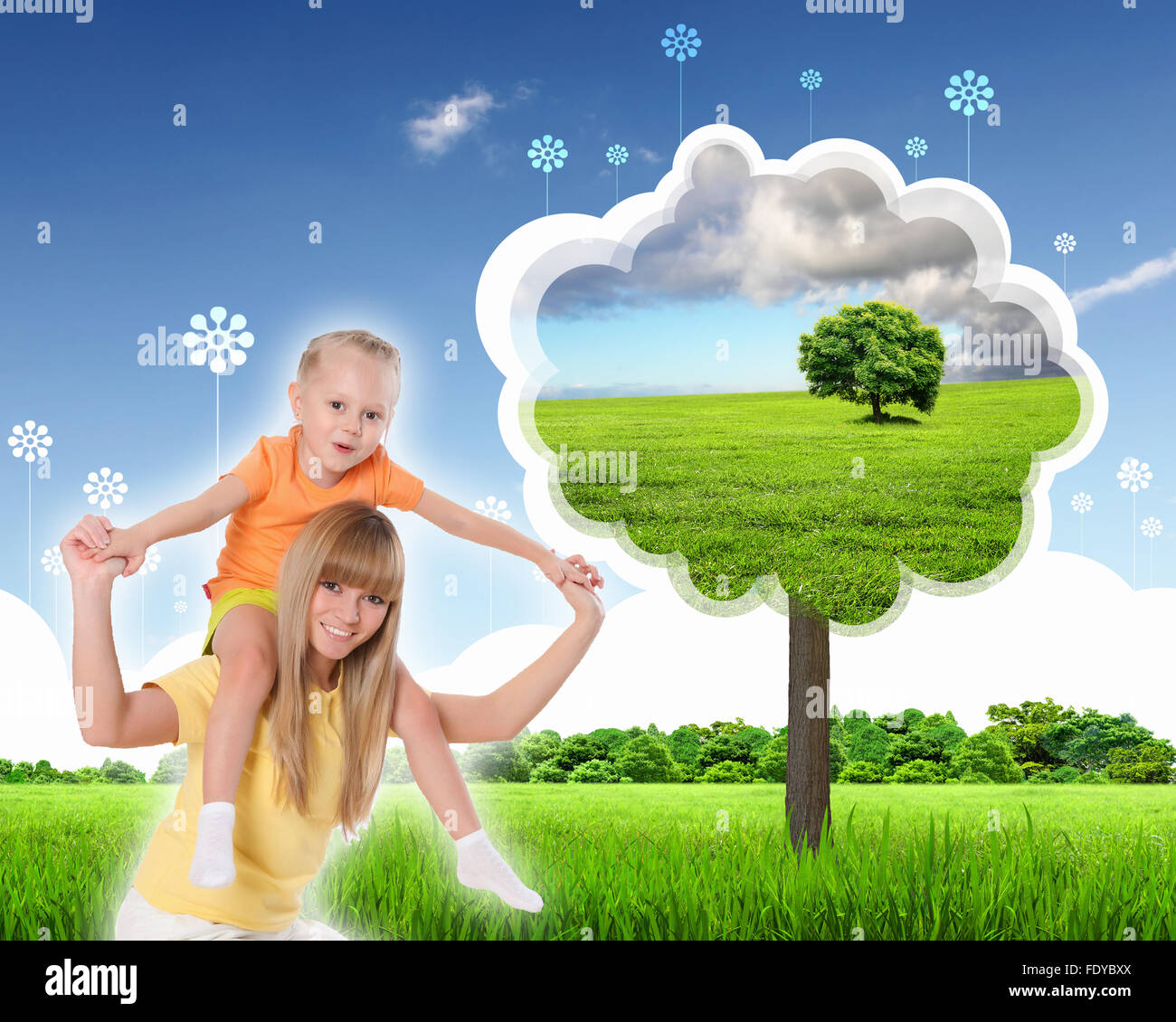 Collage with children and parents on green grass and under blue sky ...