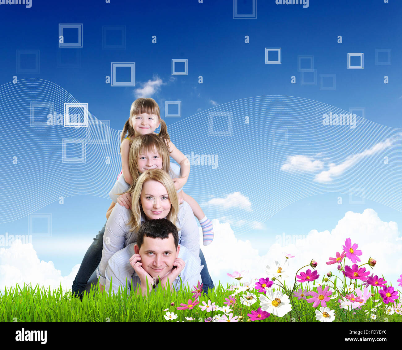 Collage with children and parents on green grass and under blue sky ...