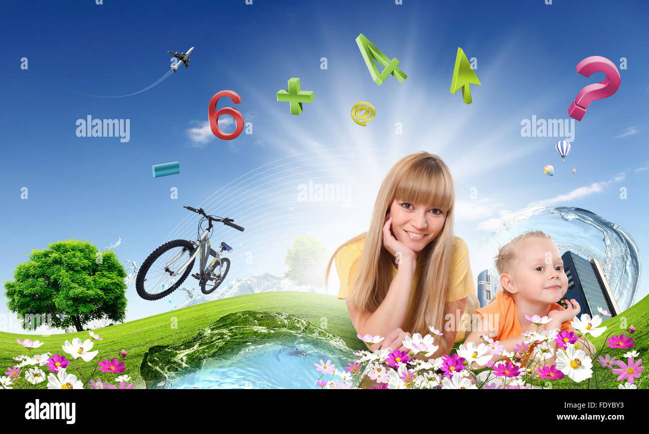 Collage with children and parents on green grass and under blue sky ...
