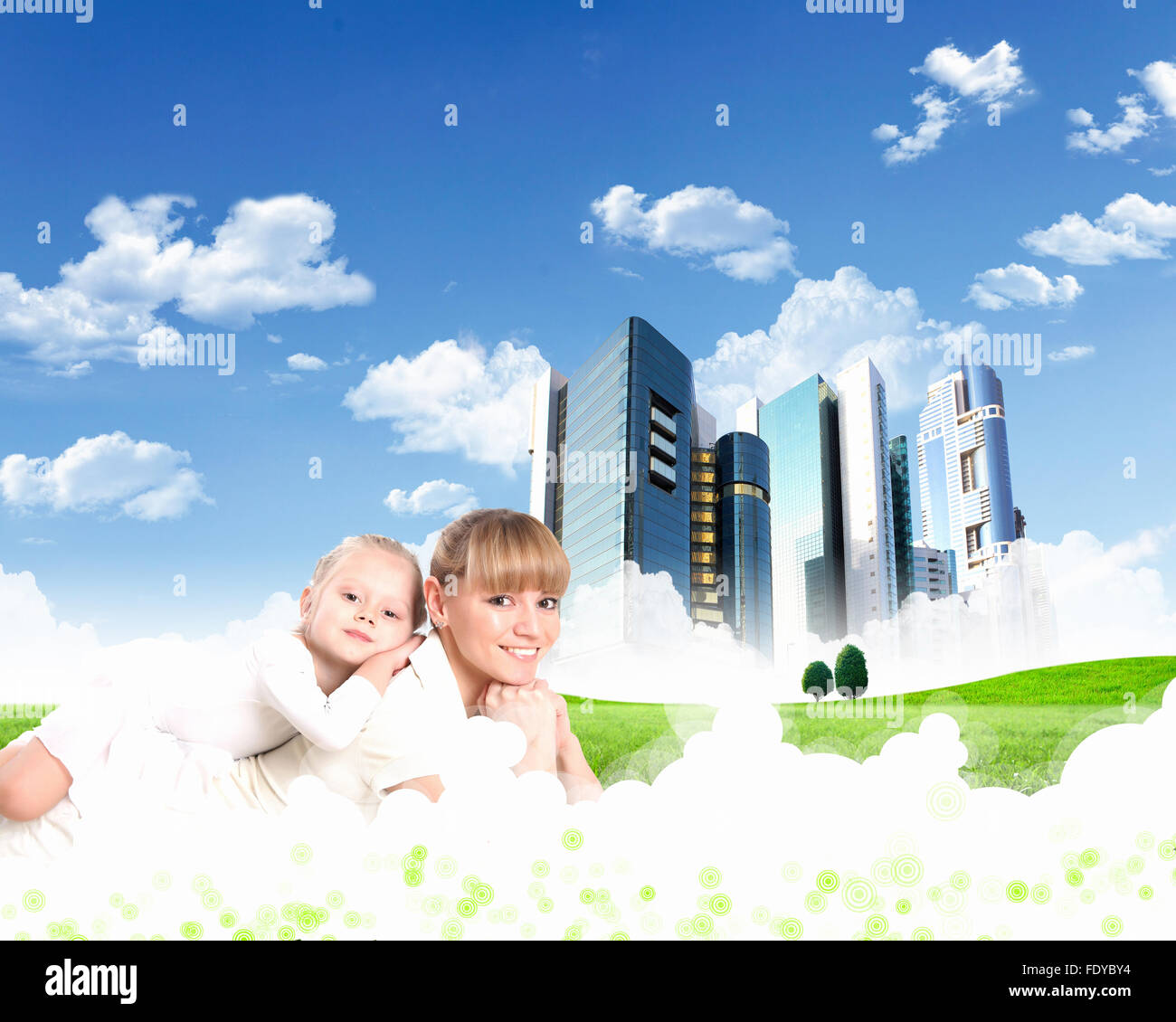 Collage with children and parents on green grass and under blue sky ...