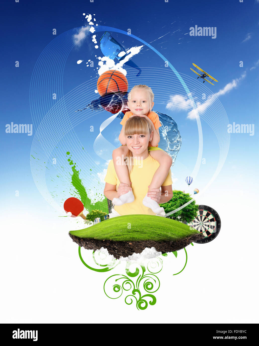 Collage with children and parents on green grass and under blue sky ...