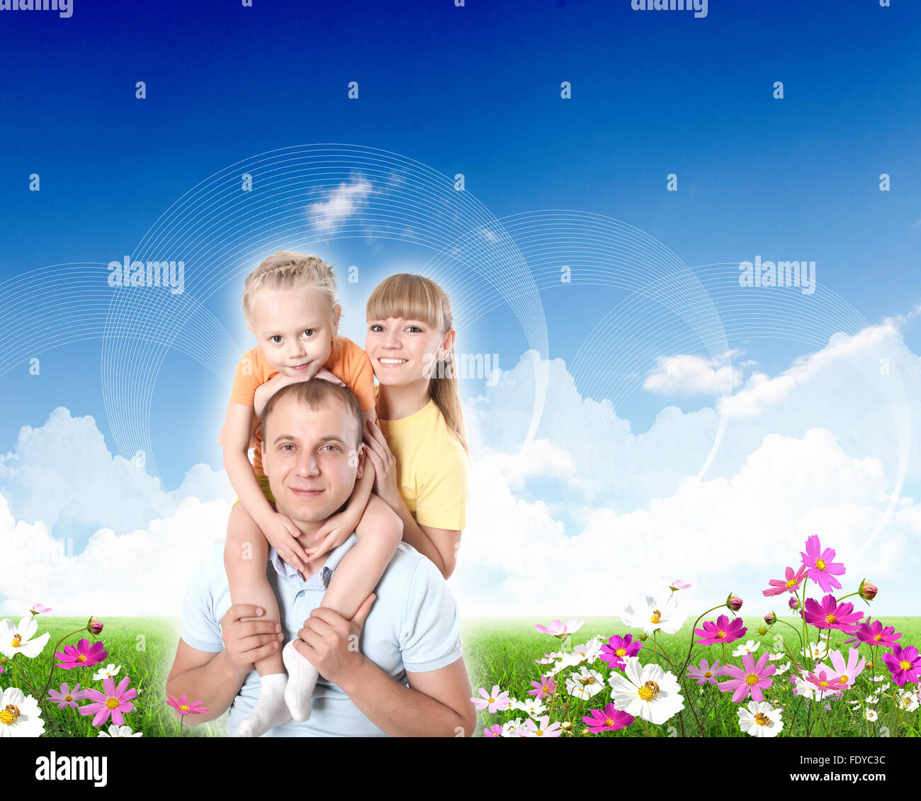 Collage with children and parents on green grass and under blue sky ...